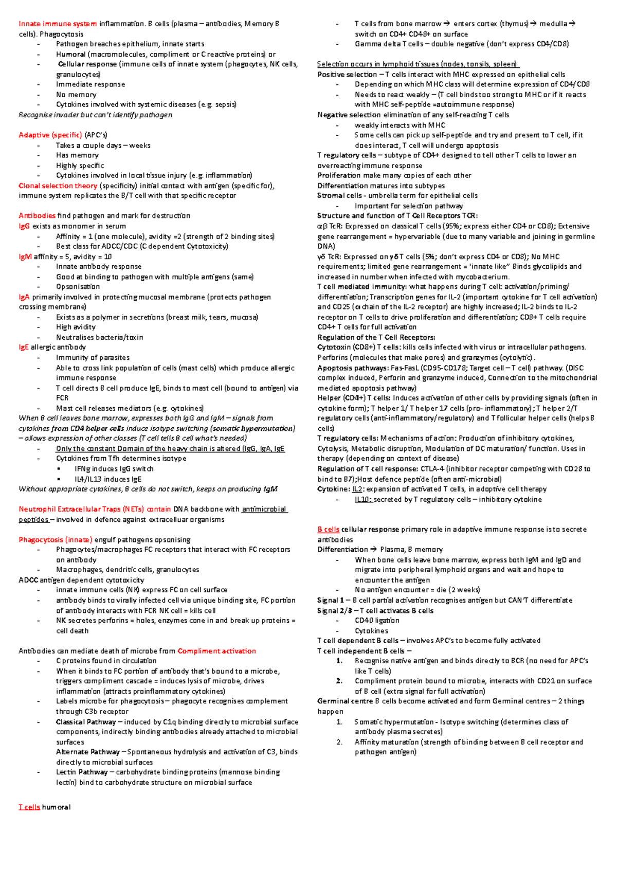 Immunology 1 Cheat Sheet Innate Immune System Inflammation B Cells Plasma Antibodies