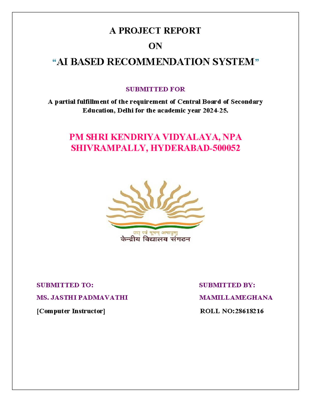 AI Based Recommendation System Project Report for Grade 12 - Studocu