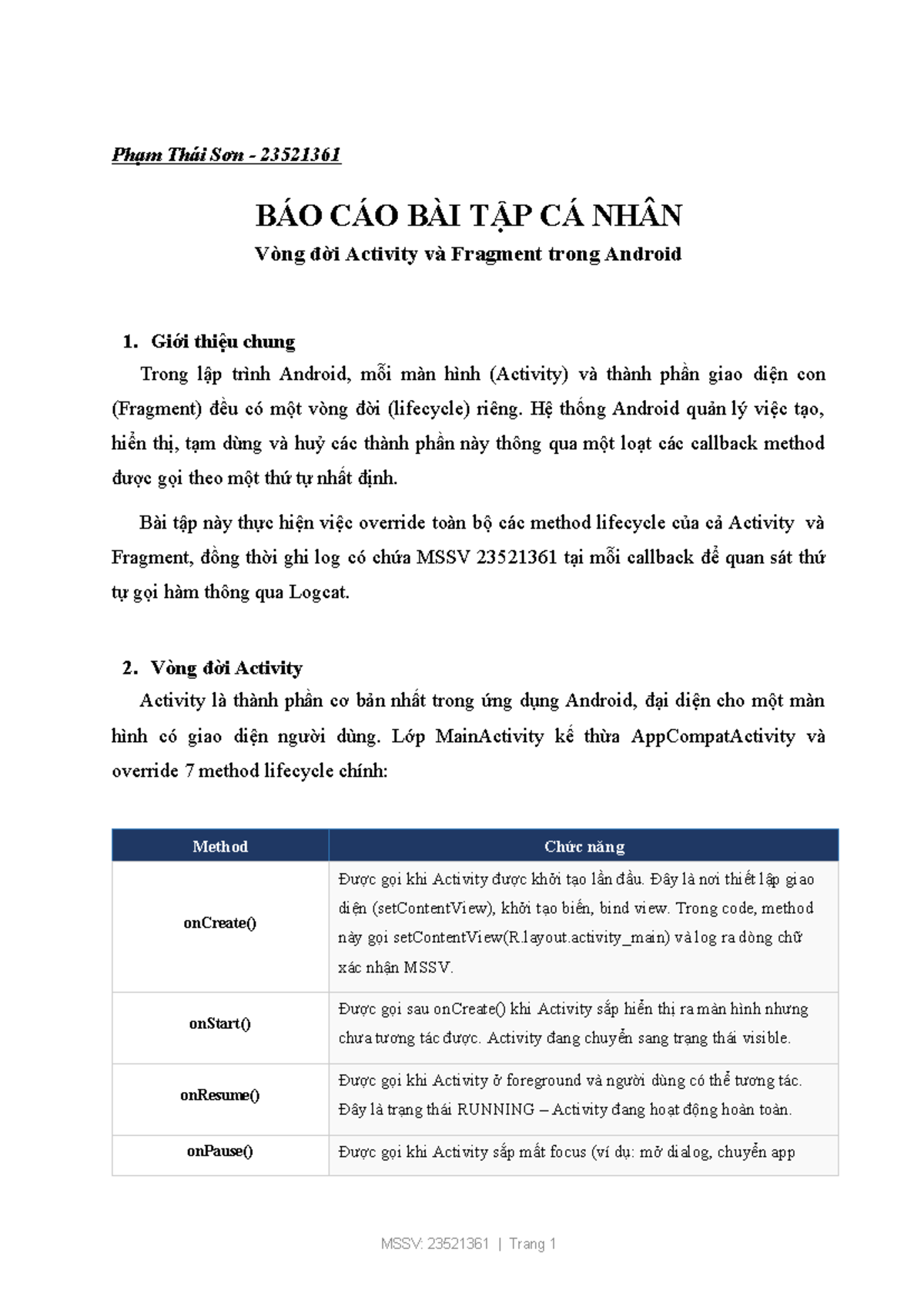 Báo Cáo Bài Tập Cá Nhân: Vòng Đời Activity & Fragment (MSSV: 23521361 ...