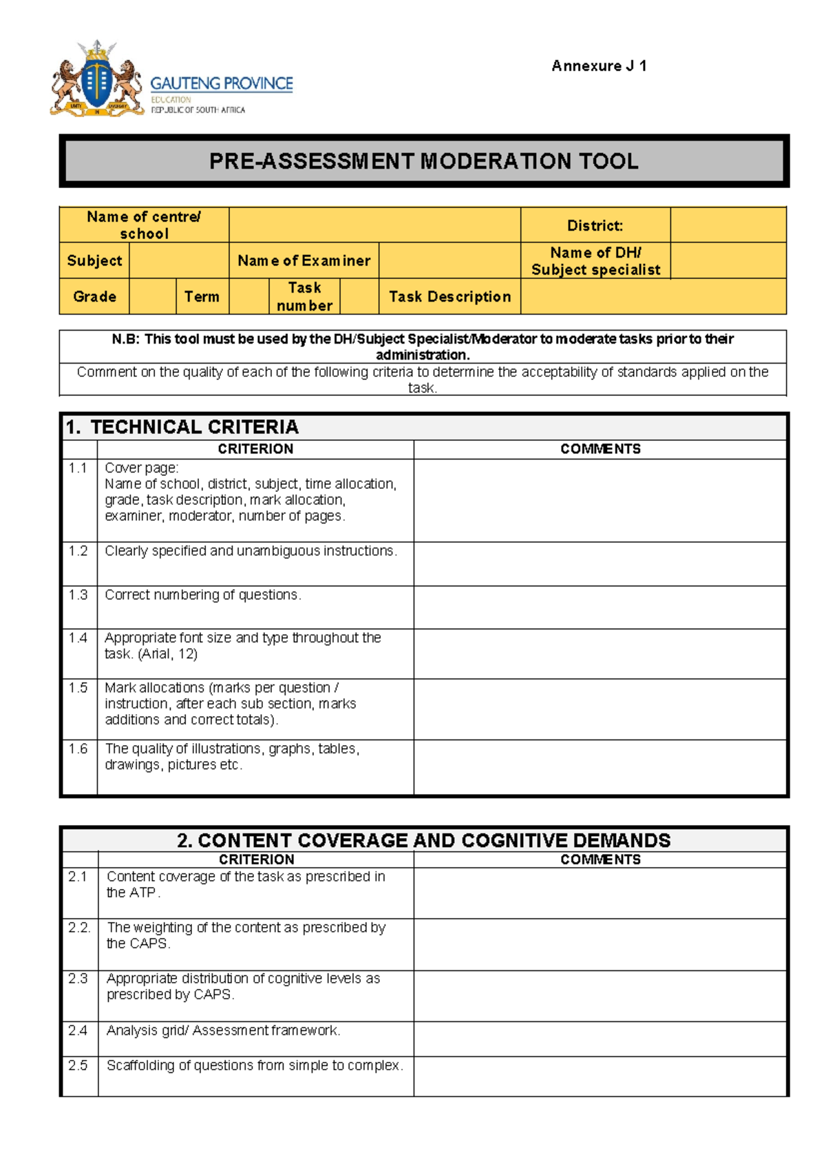 Pre-Assessment Moderation Tool - Annexure J1 (003) Review Guide - Studocu