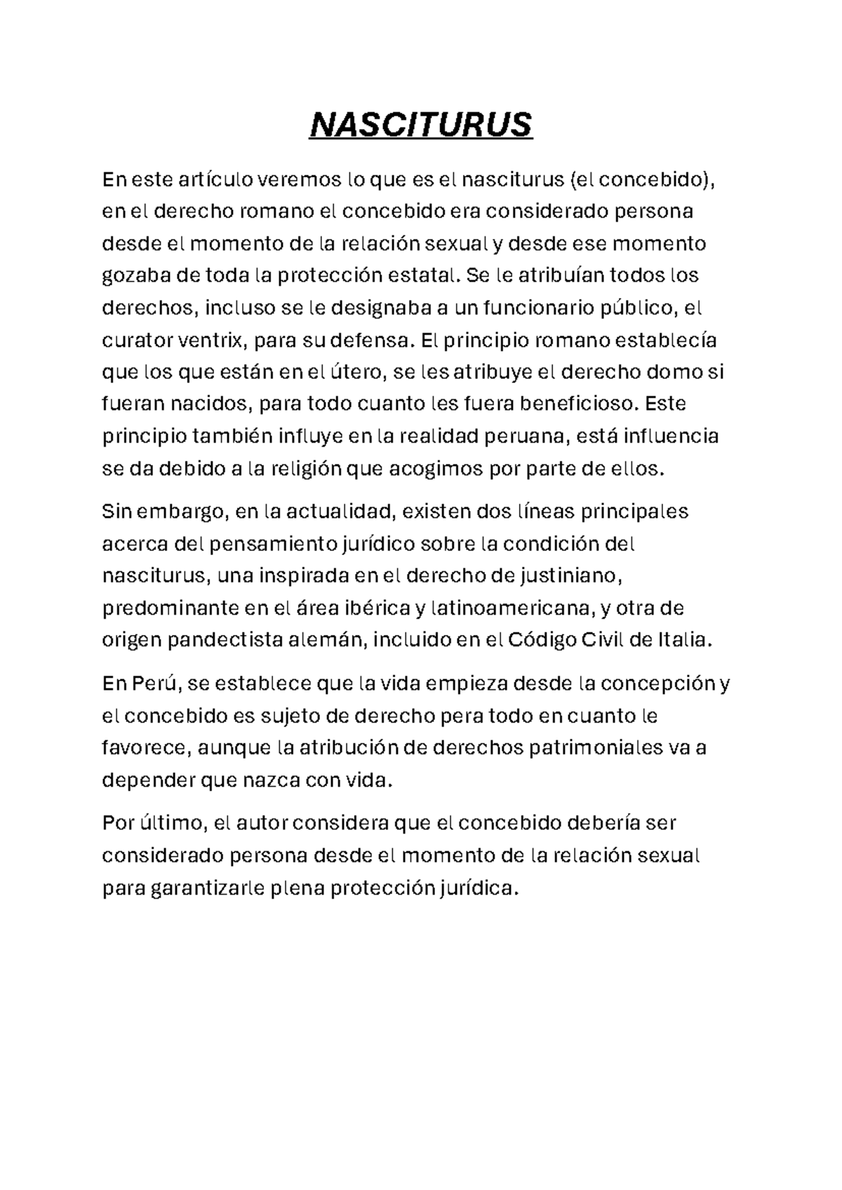 NASCITURUS: Análisis Jurídico del Concebido en Derecho Romano - Studocu