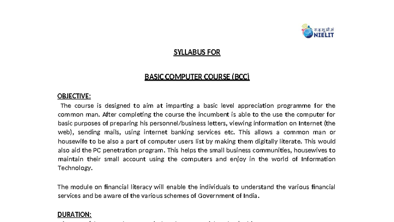 BCC Computer Fundamentals Syllabus: Digital Literacy Course Outline - Studocu
