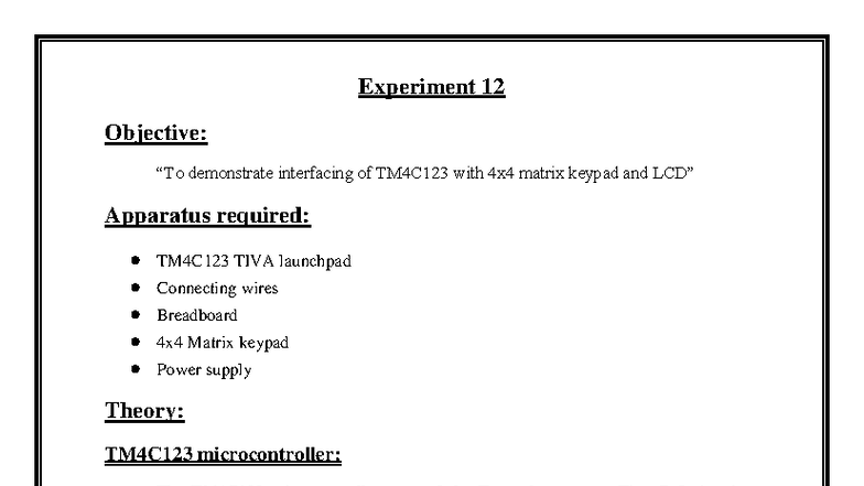TM4C123 Final Exam: Interfacing with 4x4 Matrix Keypad and LCD - Studocu