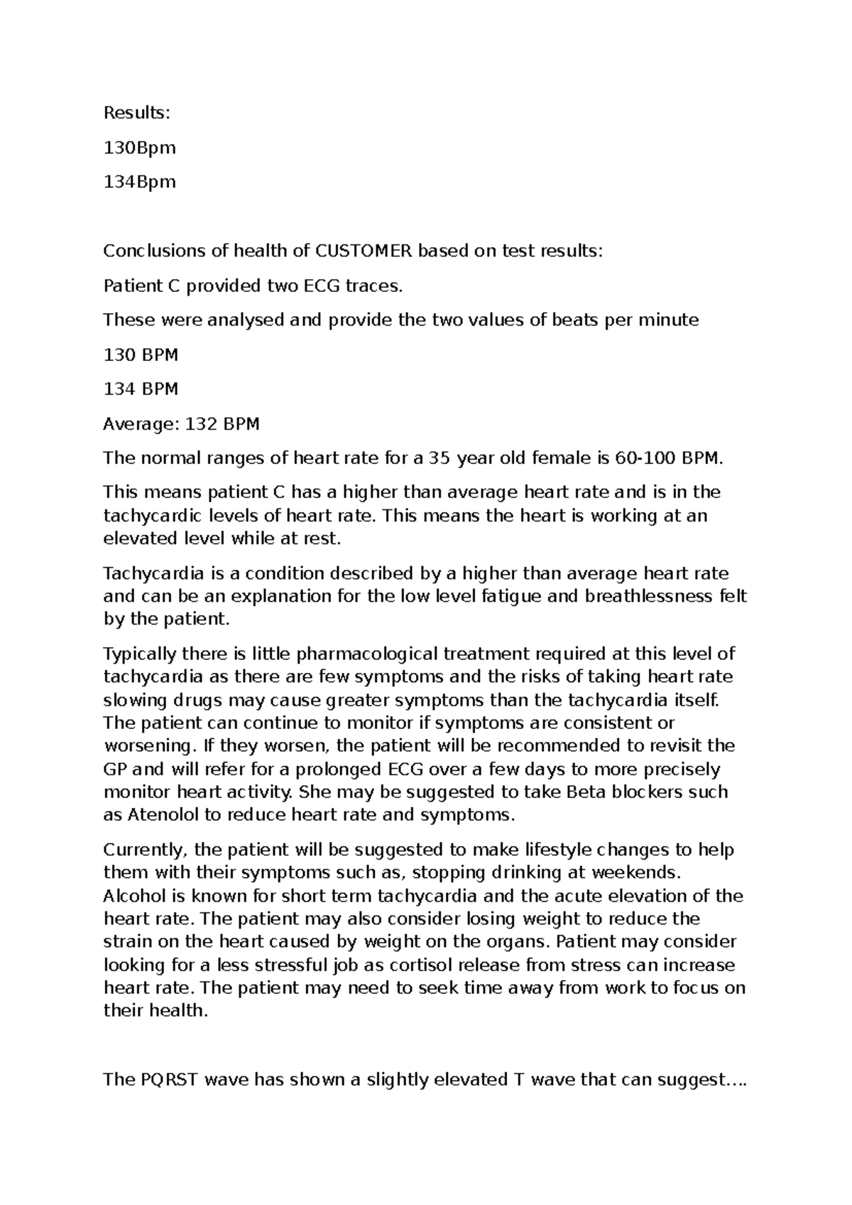 Example GP proforma para - Results: 130Bpm 134Bpm Conclusions of health ...