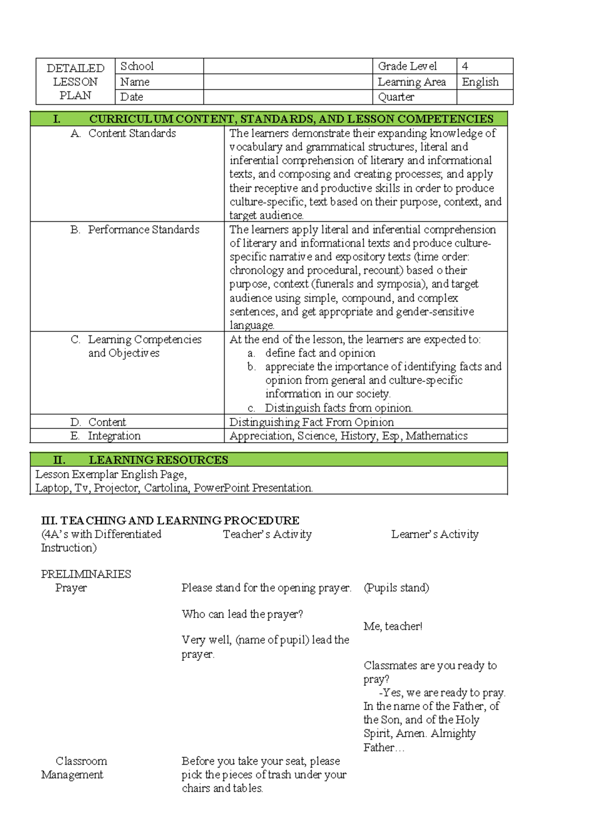 DLP-SOL: Detailed Lesson Plan on Distinguishing Fact from Opinion - Studocu