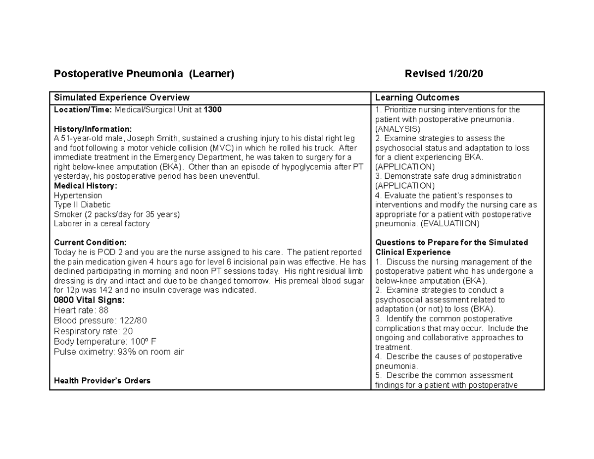 Postoperative Pneumonia Management: Case of BKA Patient - Learner 1 ...