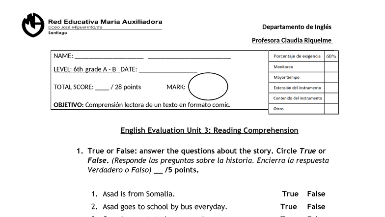 6th Grade English Evaluation: Reading Comprehension Unit 3 - Studocu