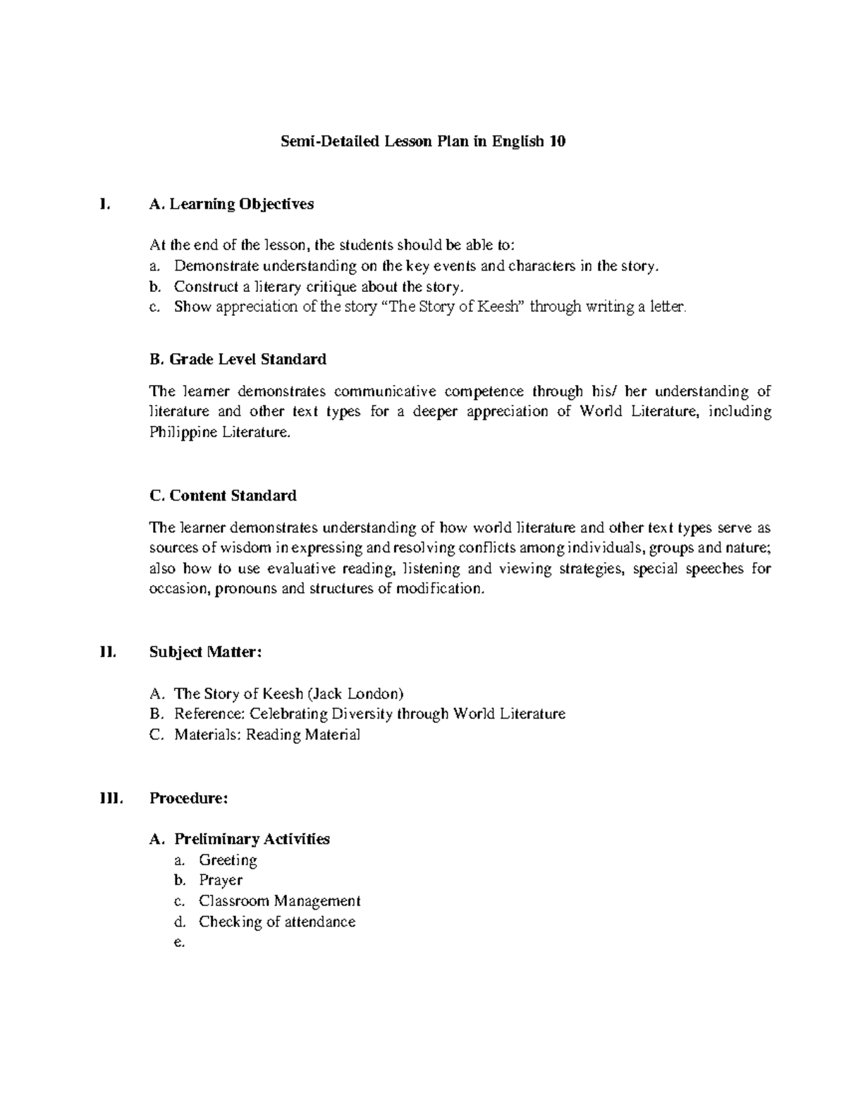 Lesson Plan for English 10: Understanding "The Story of Keesh" - Studocu