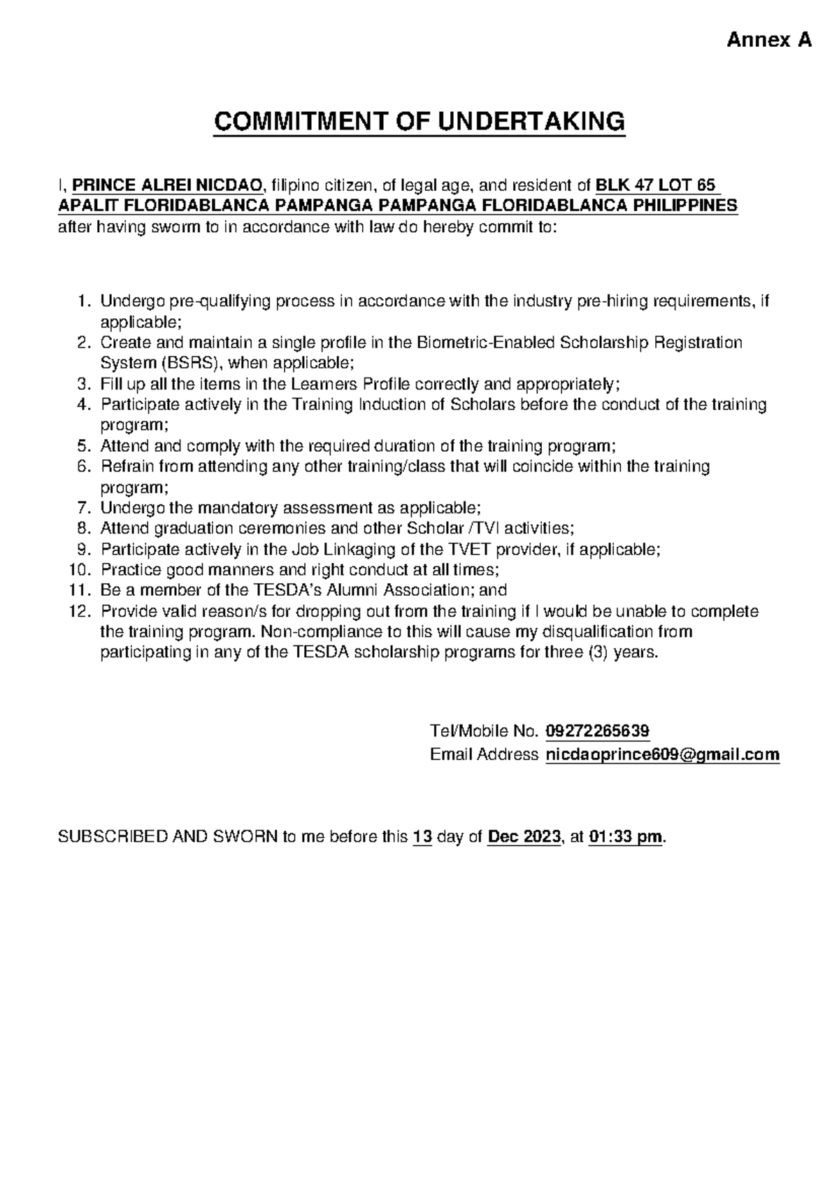 TESDA Scholarship Commitment Undertaking - Lecture Notes - Studocu