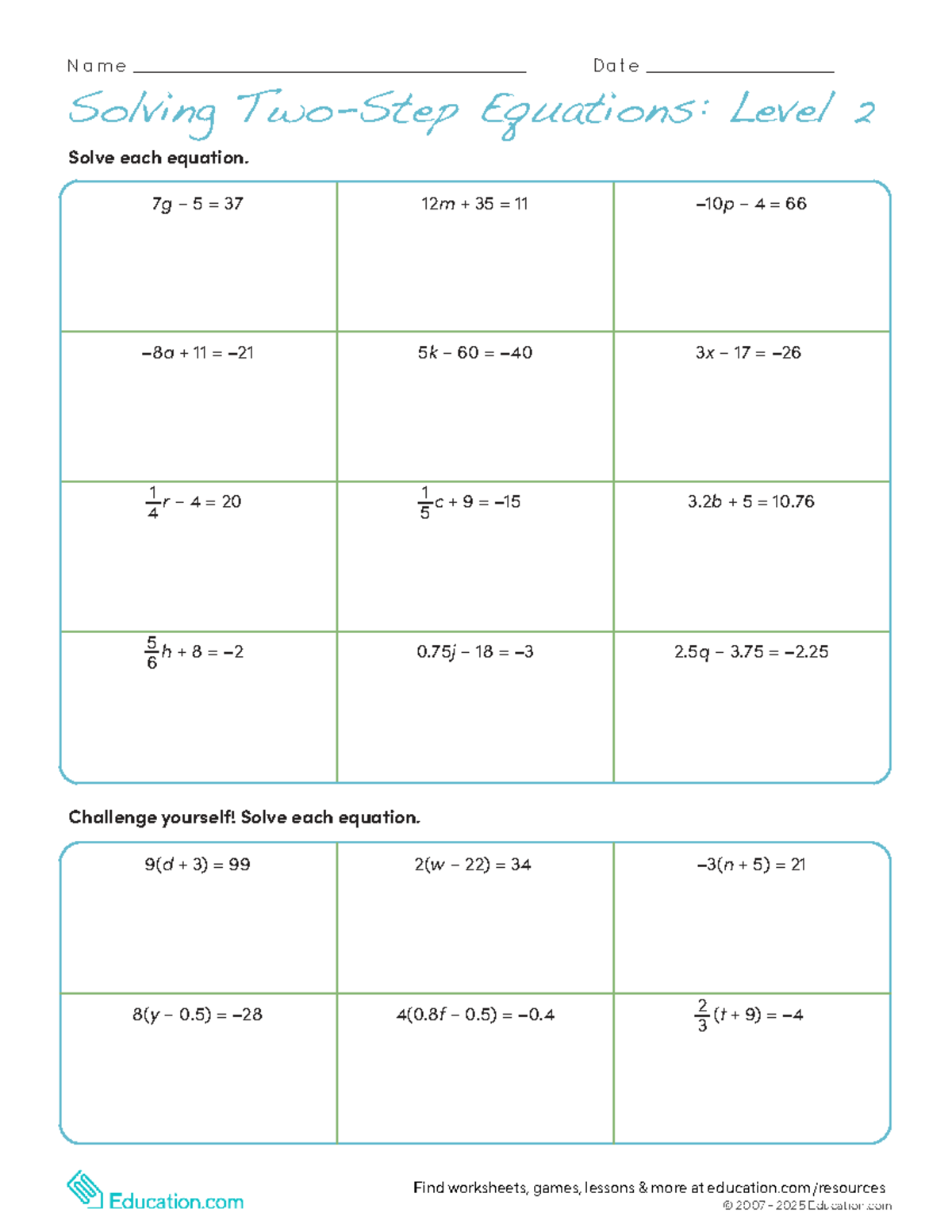 Solving two step equations level 2 - N a m e Date Solving Two-Step ...