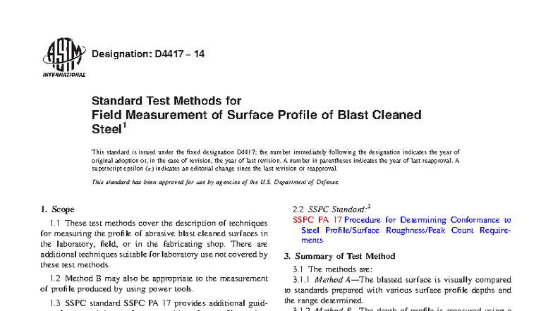 D4417-14 Standard Test Methods for Measuring Surface Profile of Steel ...
