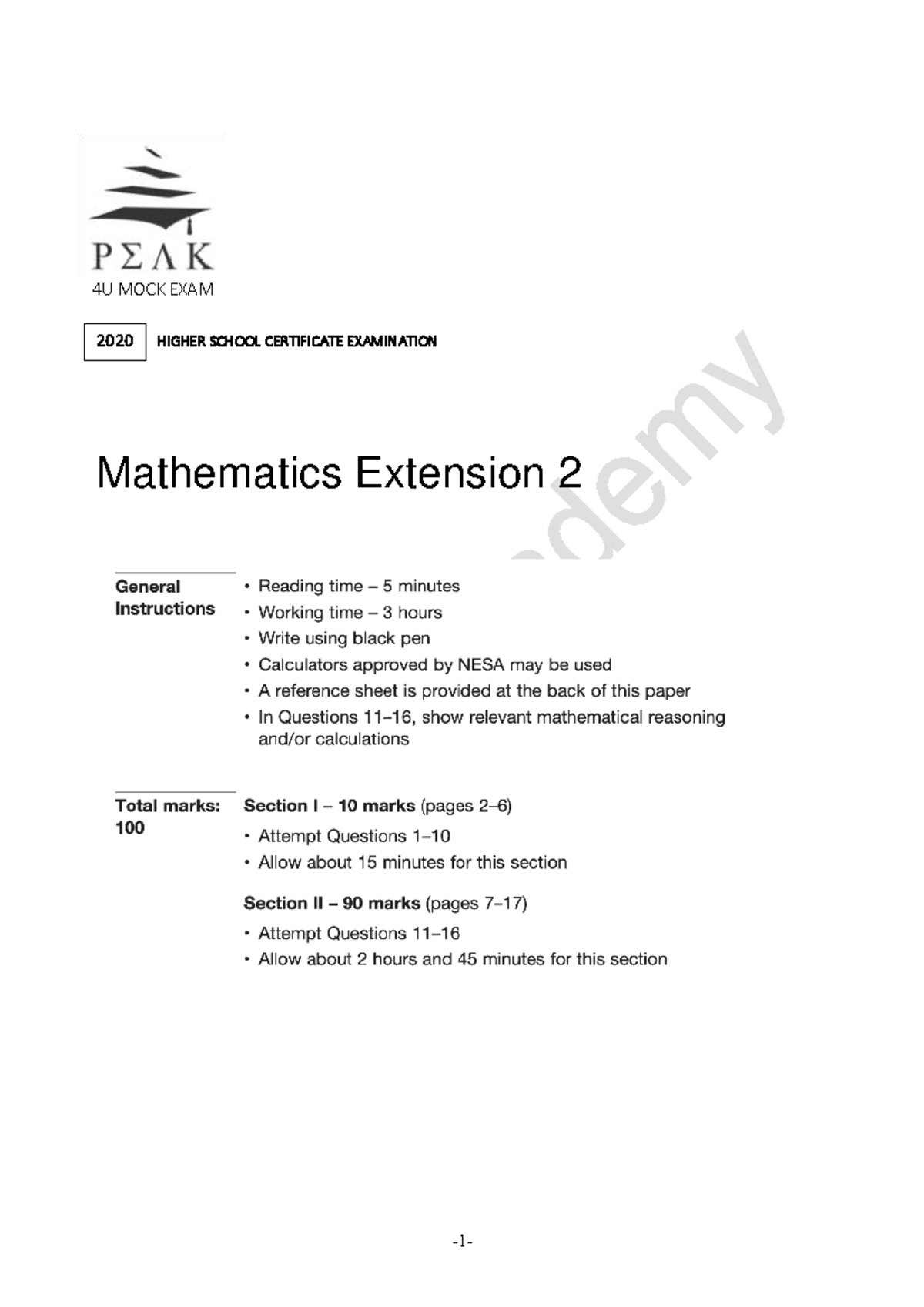 PEAK Maths Ext 2 Mock HSC Exam 2020 - Full Paper Review - Studocu
