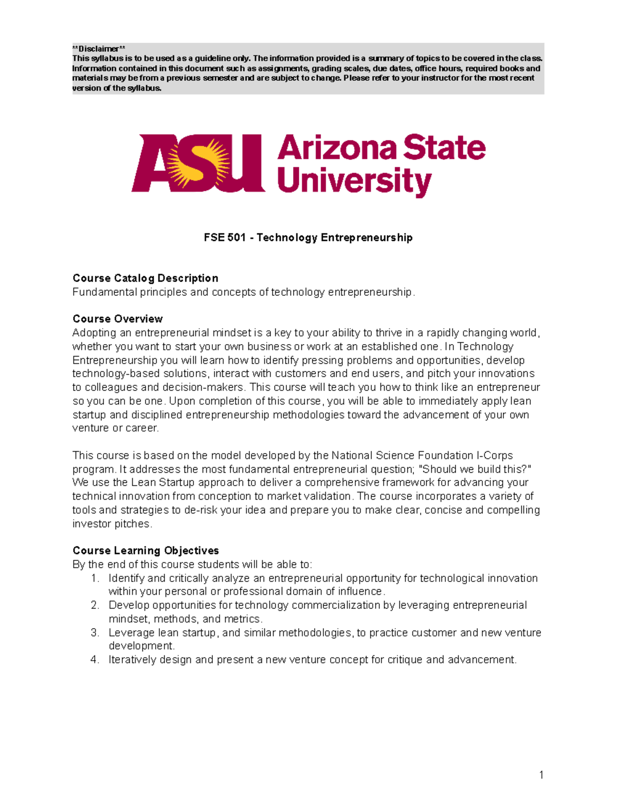 FSE 501 - Technology Entrepreneurship Dynamic Syllabus Overview - Studocu