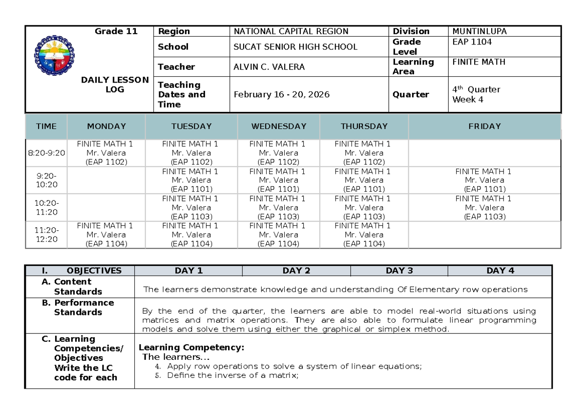 Q4 WEEK 4 DAILY LESSON LOG - FINITE MATH (EAP 1104) - Studocu