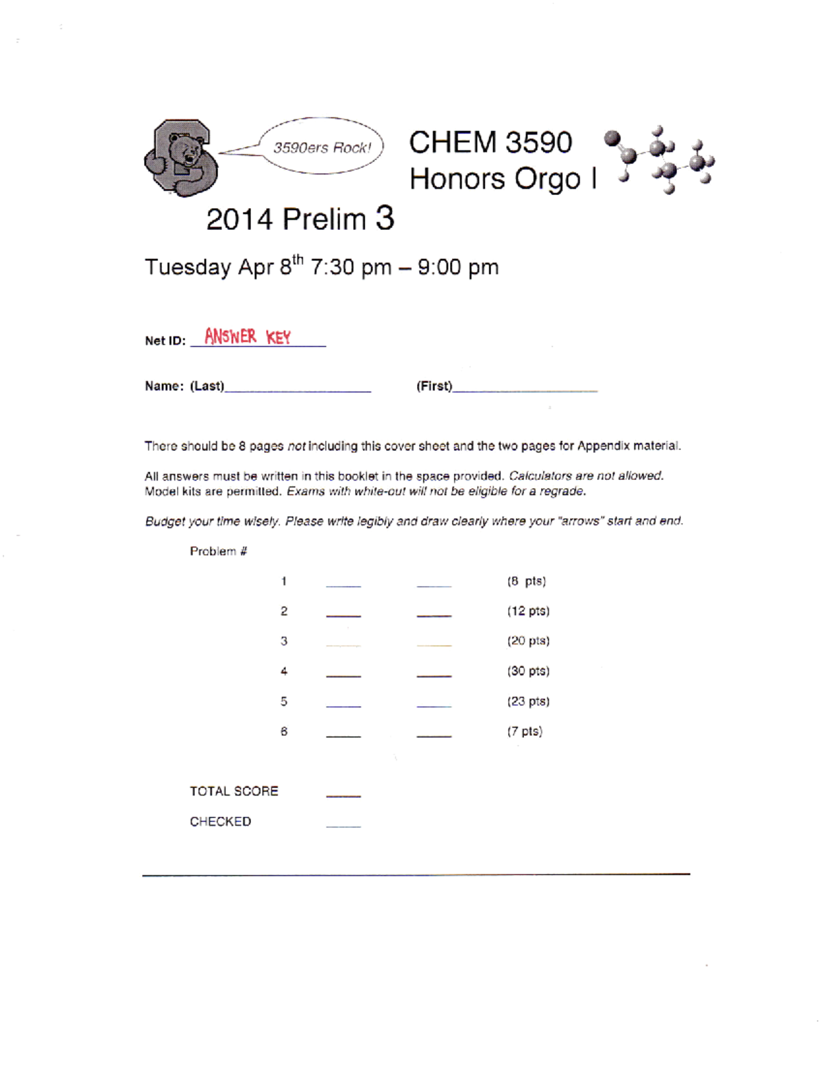 CHEM 3590 Honors Orgo I Spring 2014 Prelim 3 Answer Key - Studocu