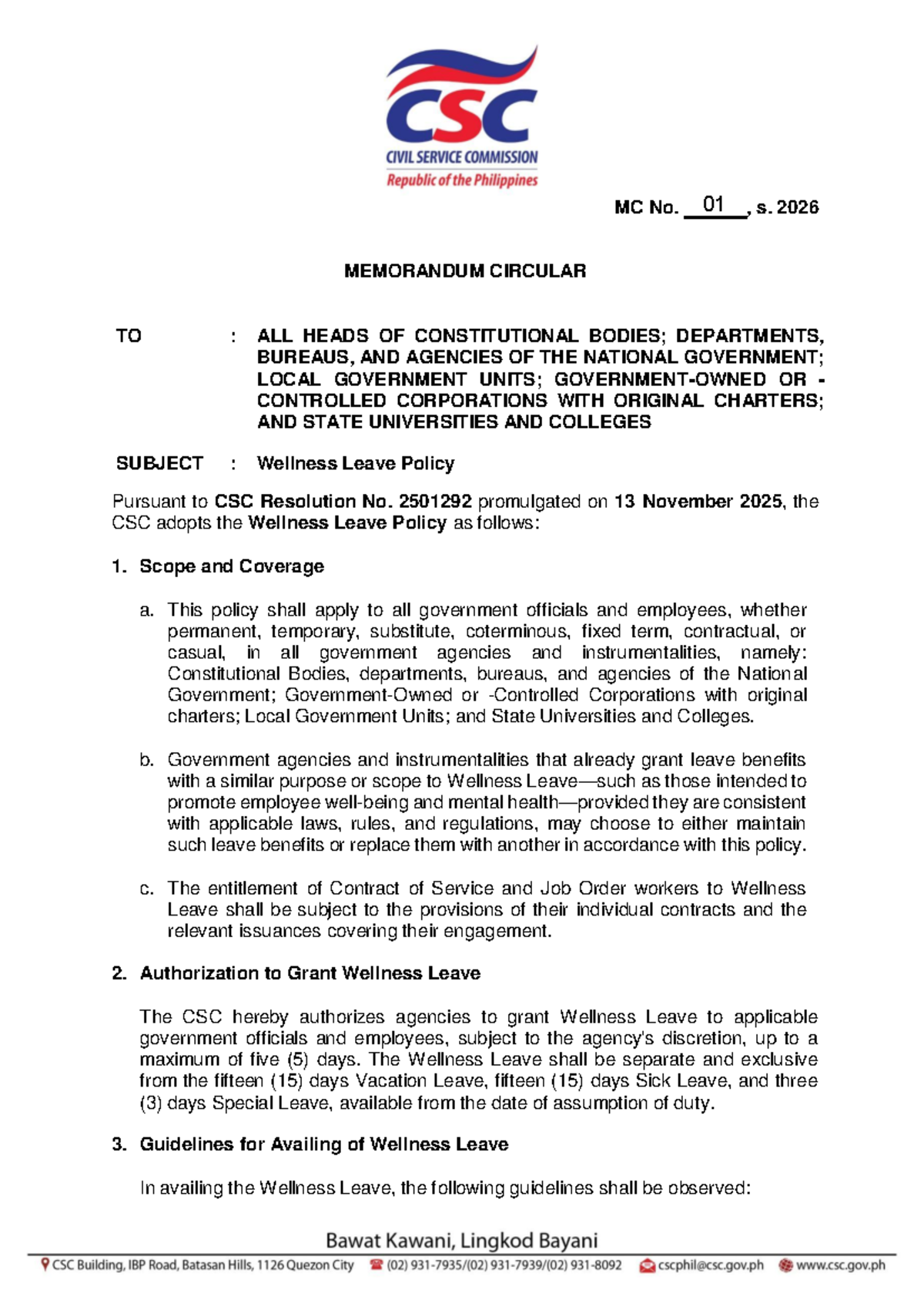 MC No. 01 s. 2026: Wellness Leave Policy Guidelines for Gov't Employees ...