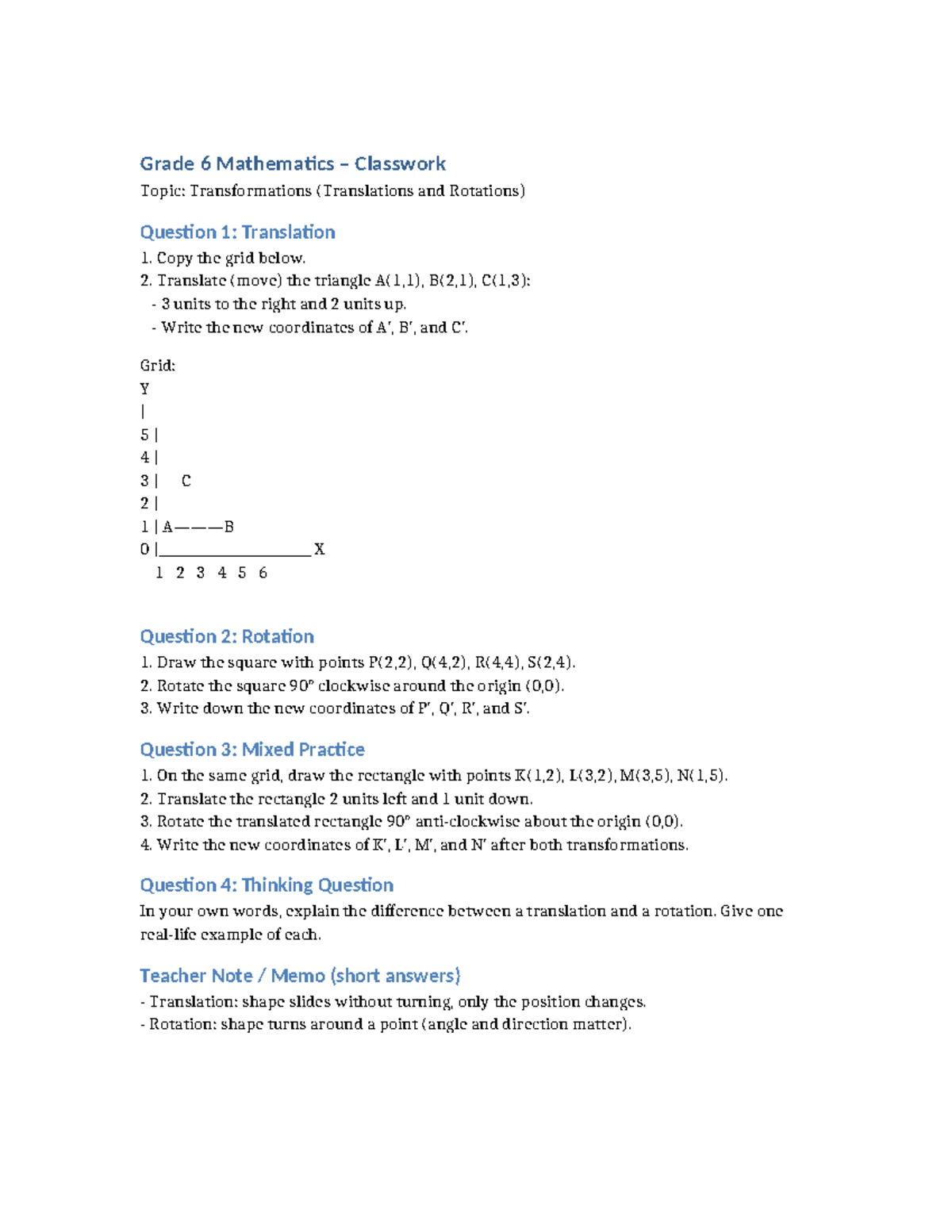 Grade 6 Maths Classwork: Transformations (Translations & Rotations ...