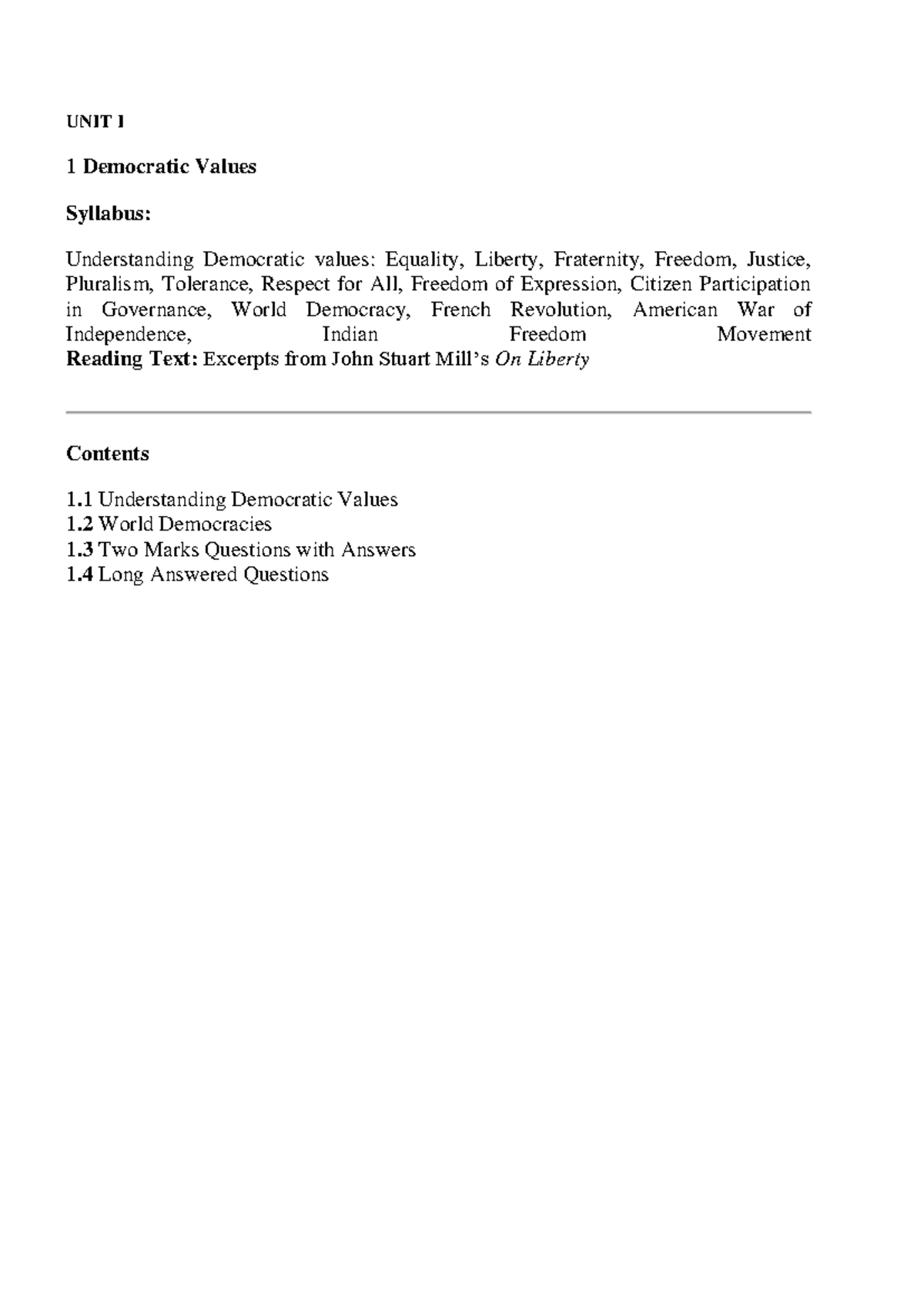 UNIT I: Democratic Values Syllabus and Key Concepts - Studocu