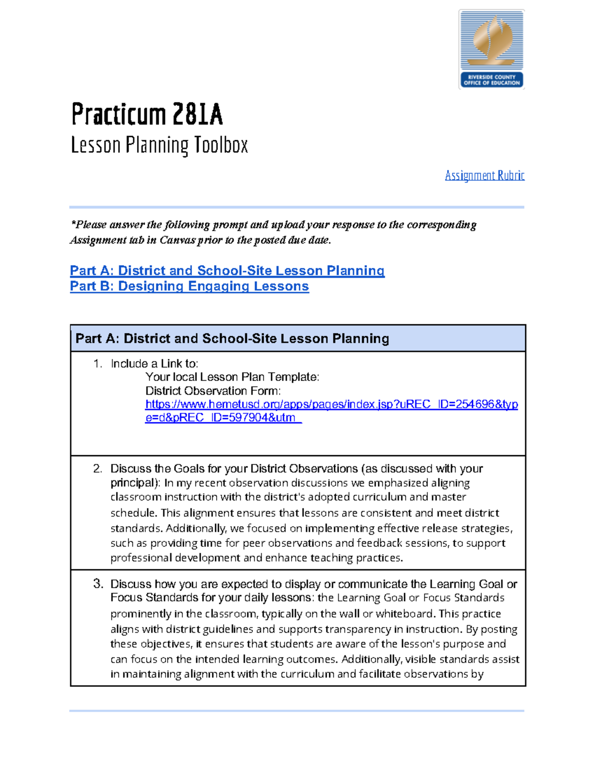 Practicum 281A Lesson Planning Toolbox: Strategies for Effective Teaching - Studocu