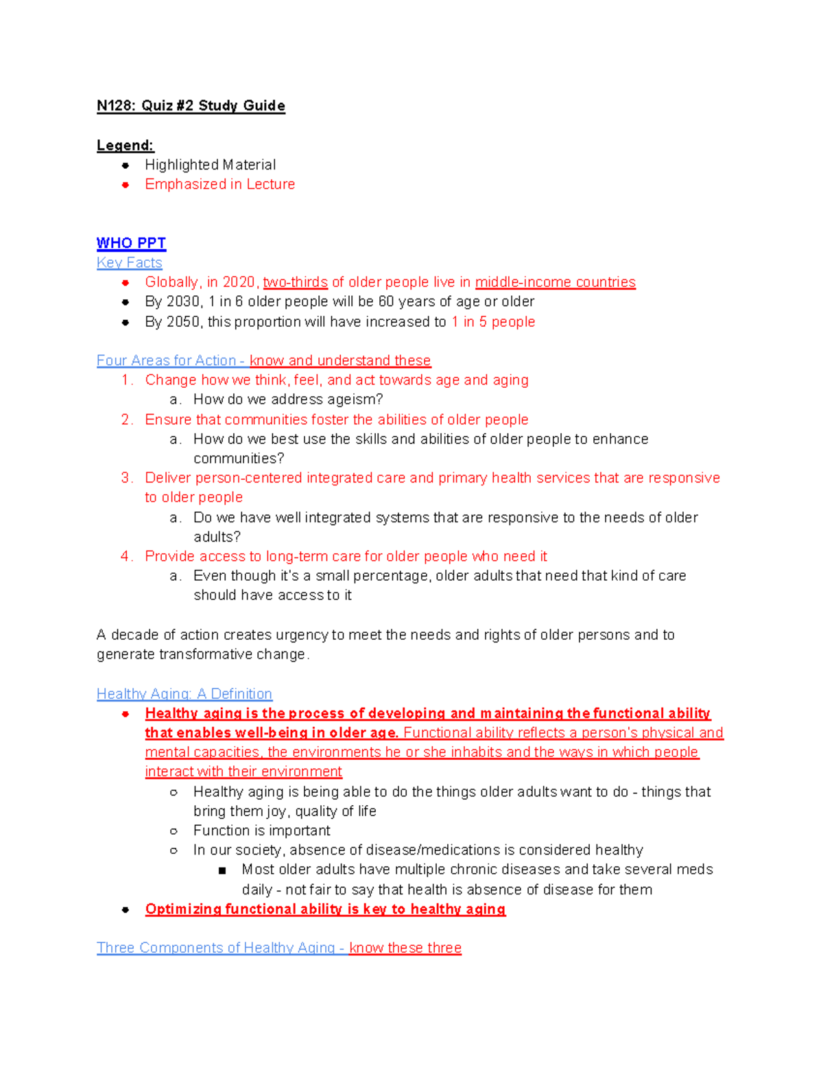 N128: Aging 2 - Quiz #2 Study Guide on Healthy Aging Concepts - Studocu