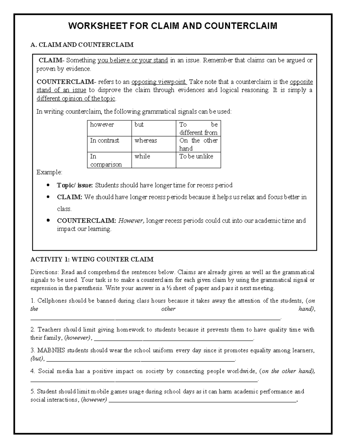 Claim and Counterclaim Worksheet - Argumentative Writing Exercise - Studocu