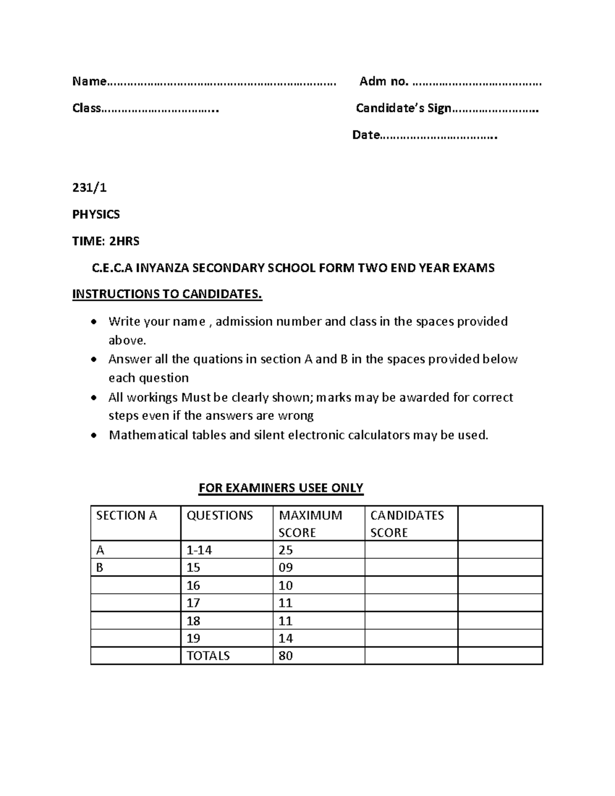 SECONDARY EXAM 2025 PHYSICS FORM TWO END YEAR EXAMINATION - Studocu