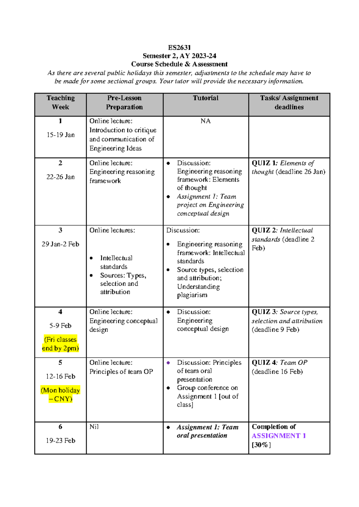 ES 2023-24 Course Schedule & Assessment Overview - Studocu