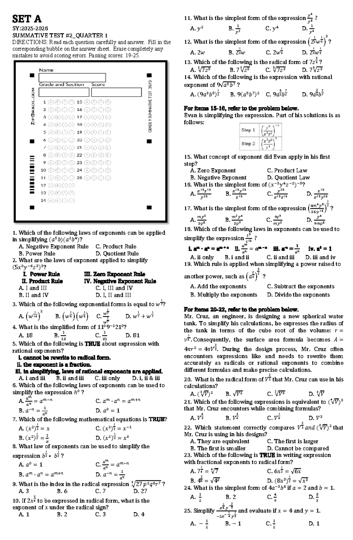 Math 9 Q2 Summative Test 2: Exponents and Simplification - Studocu