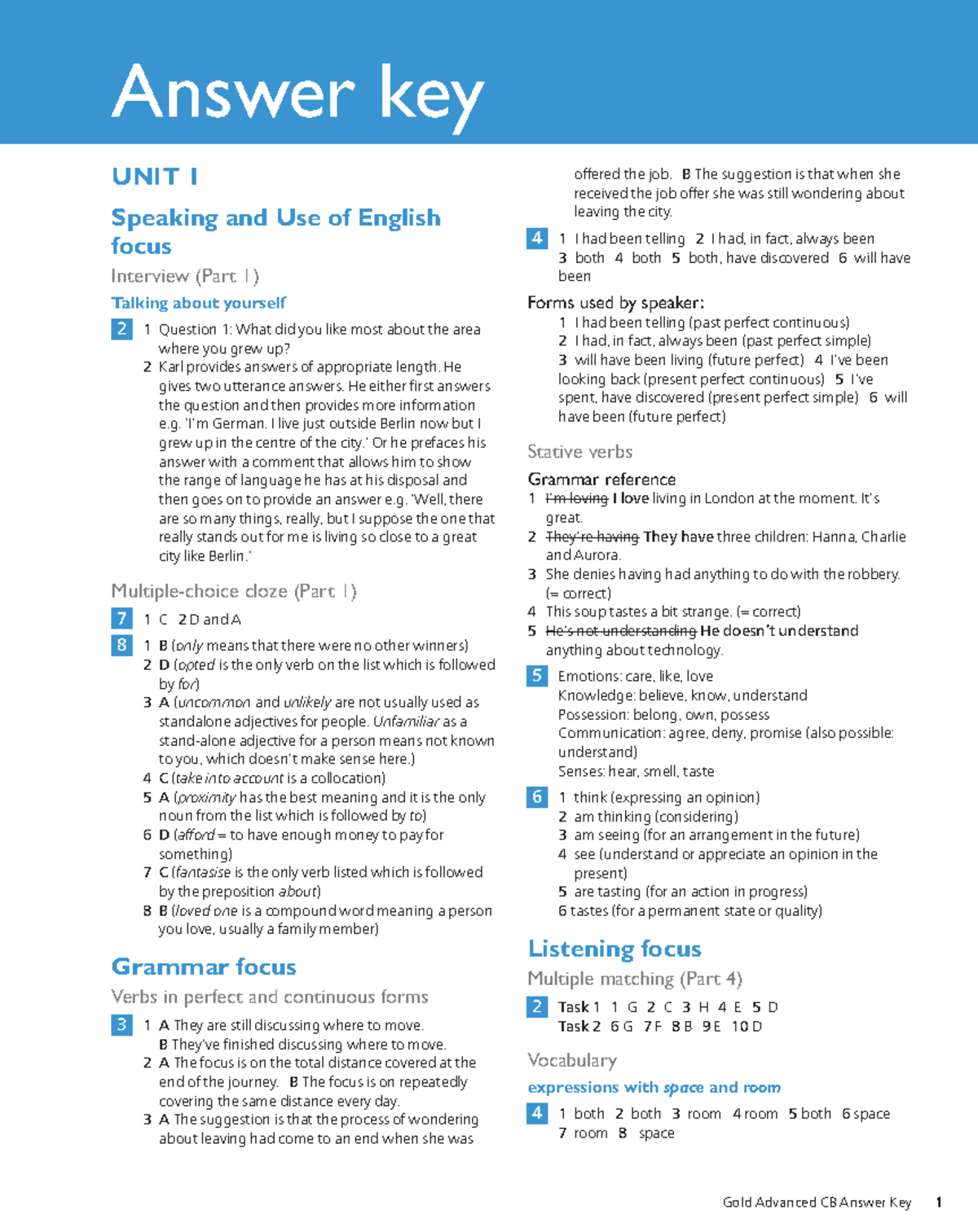 Gold Advanced CB Answer Key: Unit 1 Speaking & Use of English Focus ...