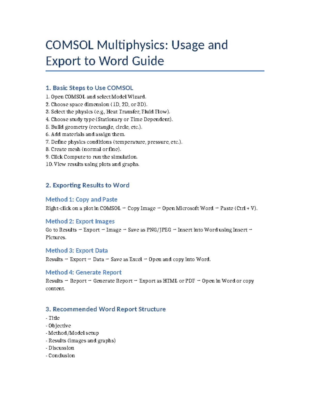 COMSOL Multiphysics Guide: Usage & Export to Word Techniques - Studocu