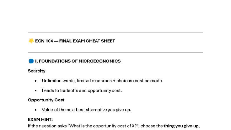 ECN 104 Final Exam Cheat Sheet: Microeconomics Foundations & Key ...