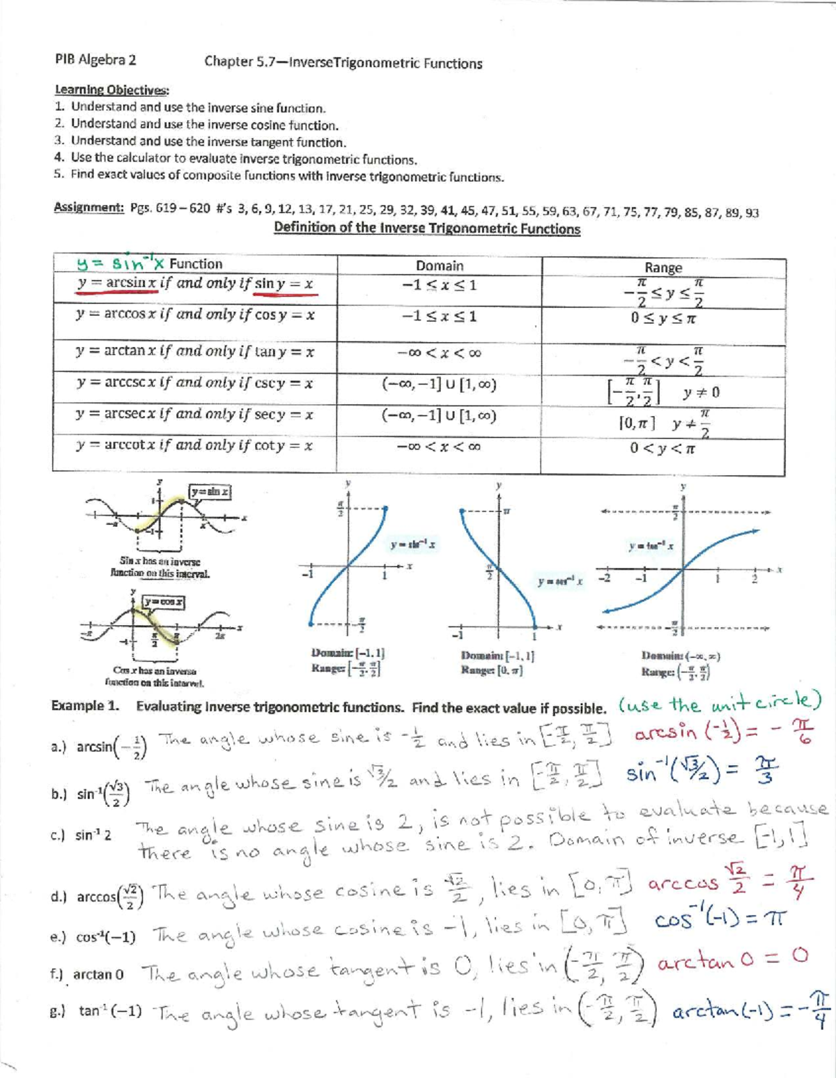 ABC123 Algebra 2 Chapter on Inverse Trigonometric Functions - Studocu