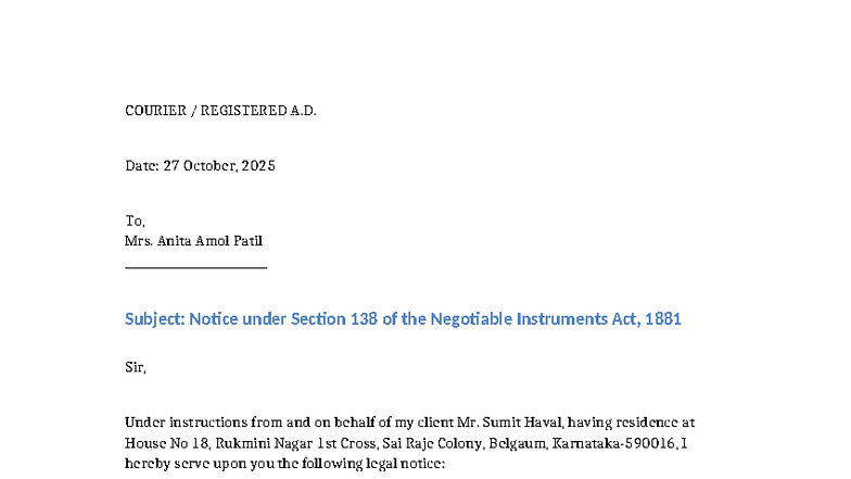 Notice Under Section 138 of Negotiable Instruments Act, 1881 - Studocu