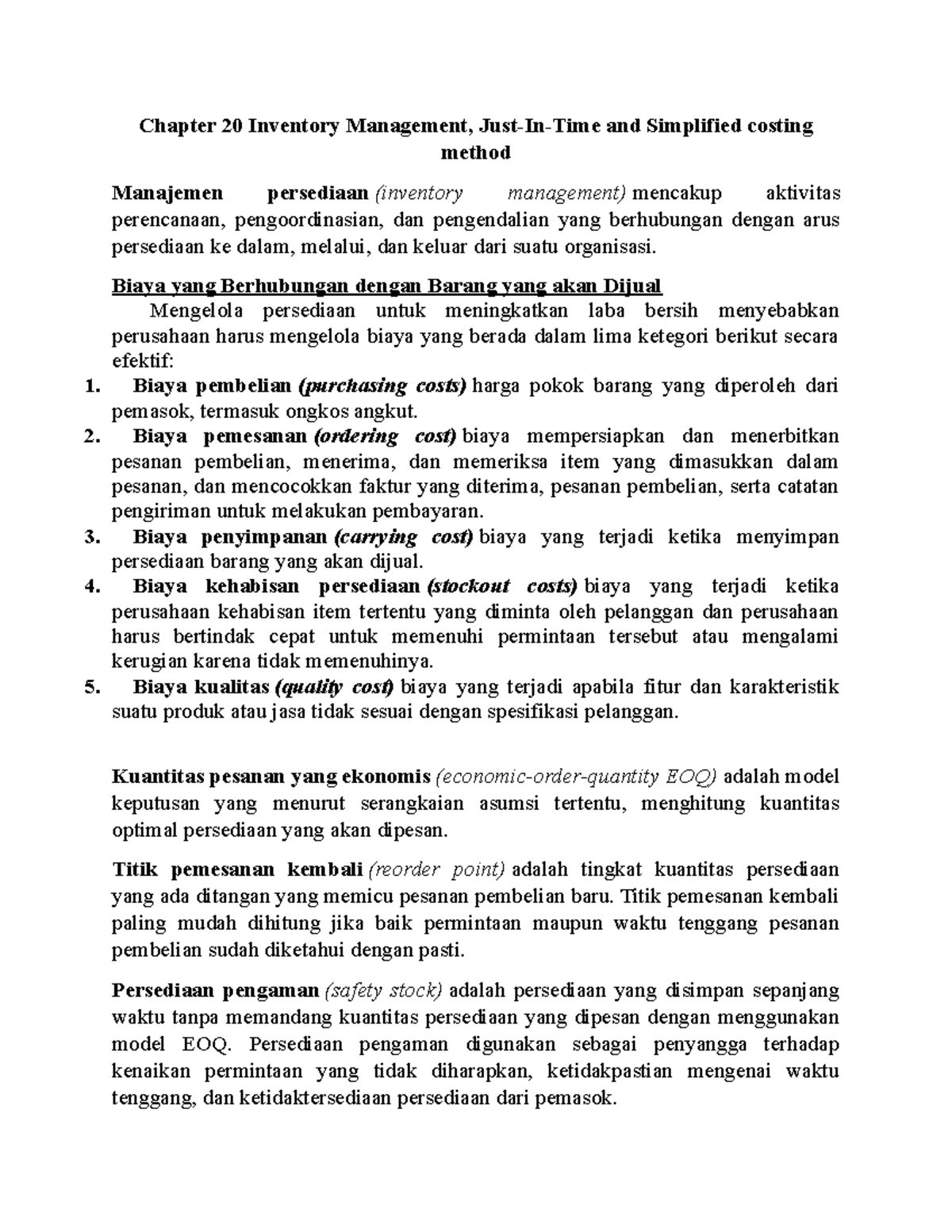 Chapter 20 Inventory Management - Chapter 20 Inventory Management, Just-In-Time and Simplified ...