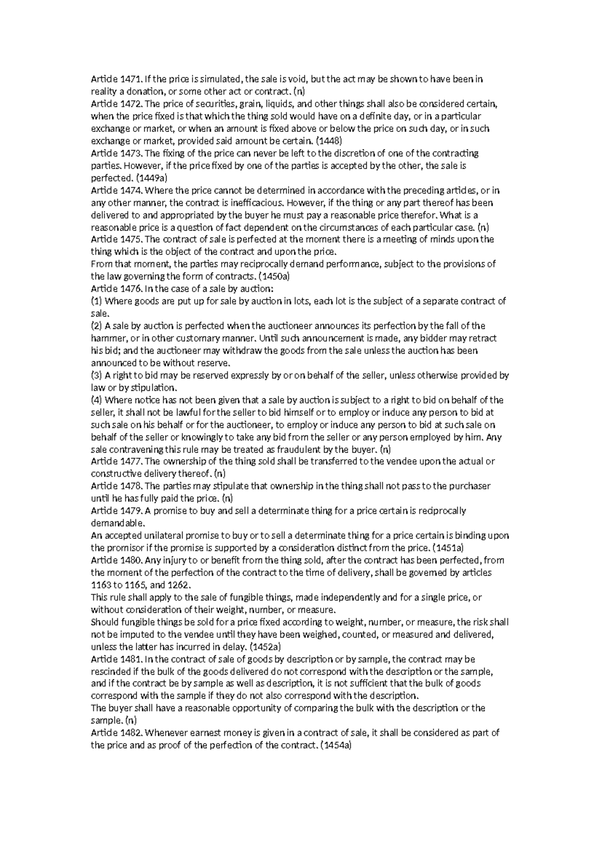 Civil Code Articles on Sale: Articles 1471-1482 Overview - Studocu
