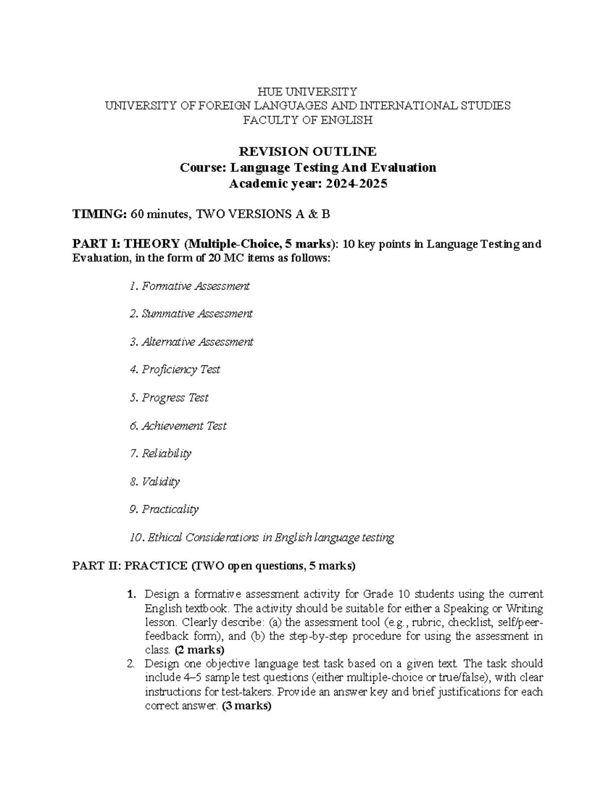 Language Testing & Evaluation Revision Outline (Course: LTE 101) - Studocu