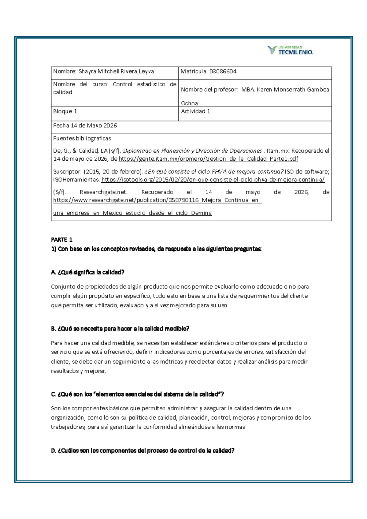 Actividad 1: Control Estadístico de Calidad - Curso 03086604 - Studocu