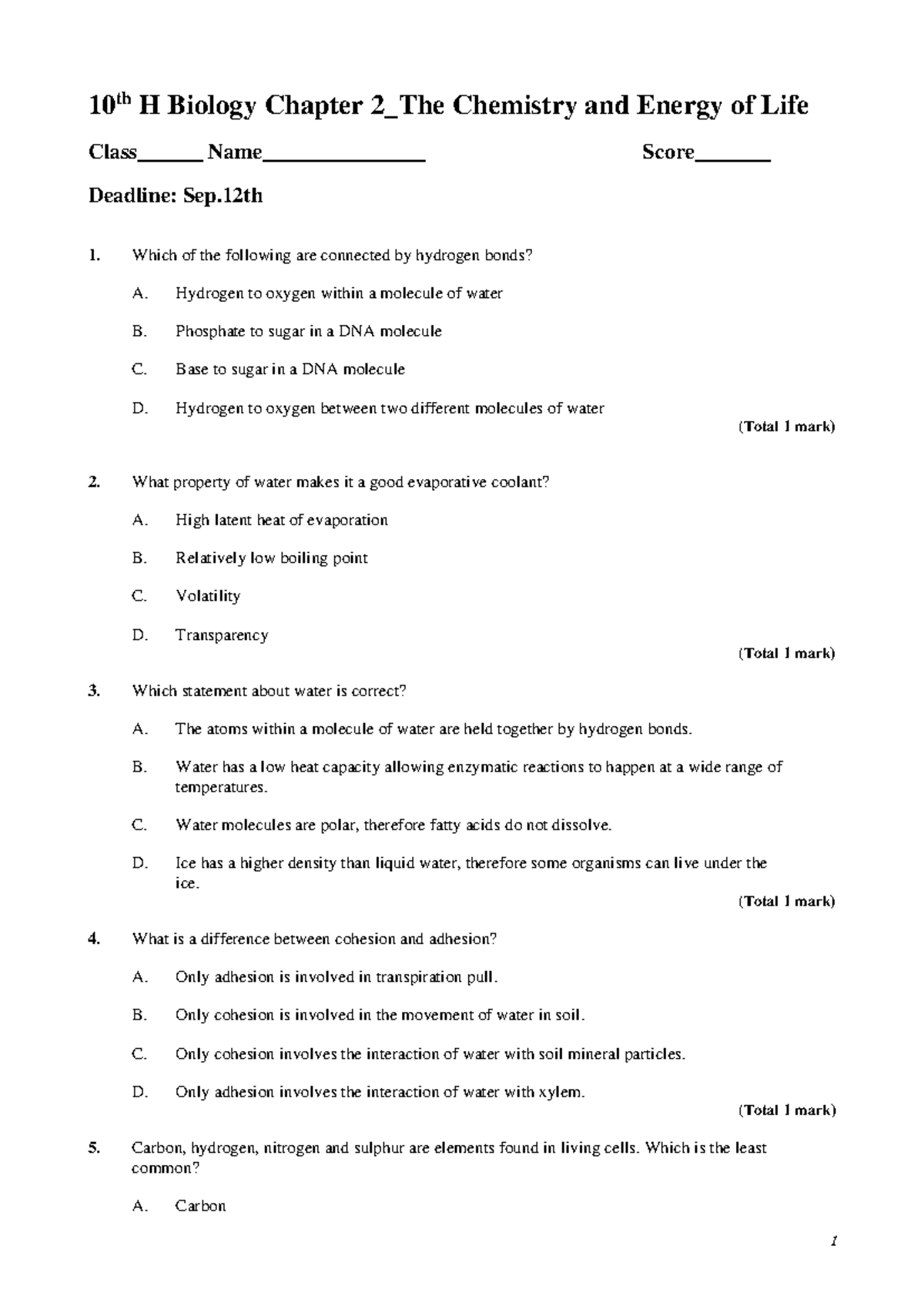 10th H Biology Chapter 2: The Chemistry & Energy of Life HW - Studocu