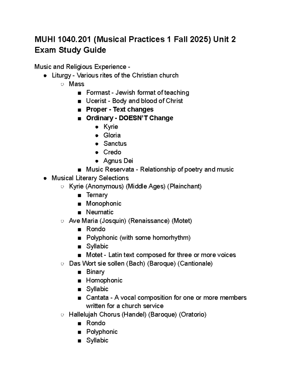MUHI 1040.201 Unit 2 Exam Study Guide: Music & Religious Experience ...