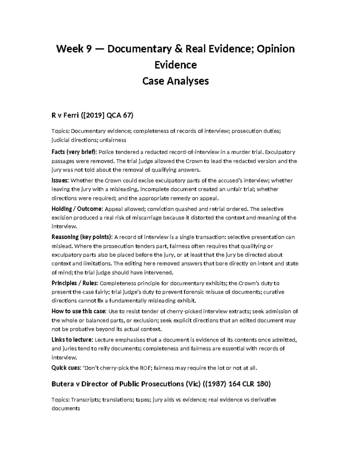 Week 9 Case Analysis: Real Opinion Evidence in R v Ferri (QCA 67) - Studocu