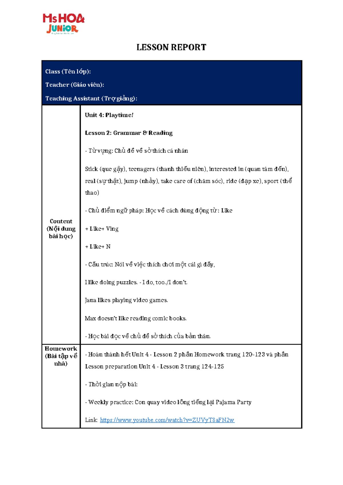 FORM Lesson Report - U4 - L2 - Explorer 3: Playtime Grammar - Studocu