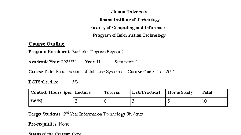 ITec 2071: Fundamentals of Database Systems Course Outline - Studocu