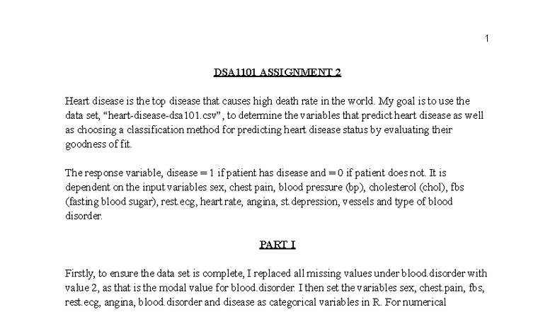 DSA1101 Assignment 2: Predicting Heart Disease Variables and Models ...