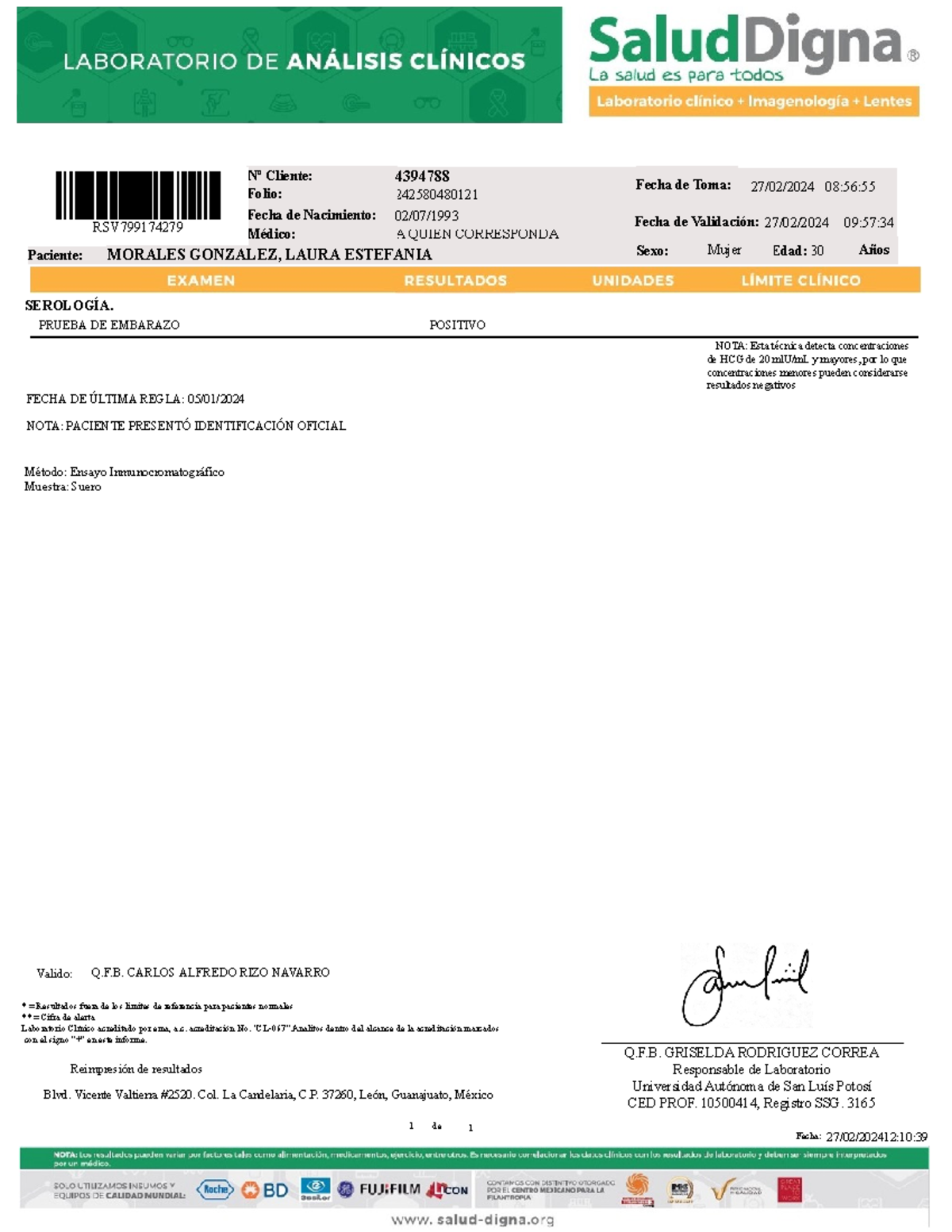 Resultados de Prueba de Embarazo - Informe Clínico 242580480121 - Studocu