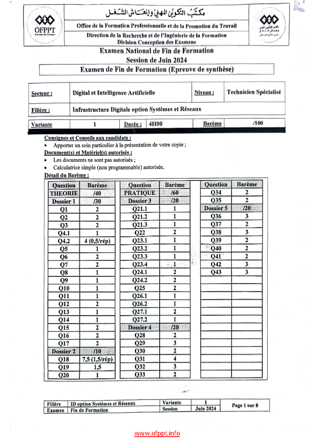 Examen National de Fin de Formation EFF-2024-V1 : Réseaux et Systèmes ...