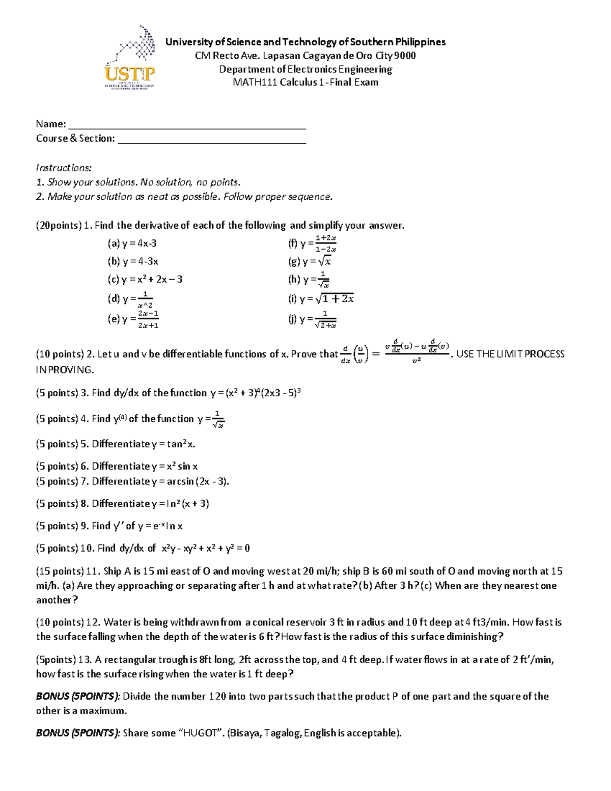 Calculus 1 - Final EXAM - University of Science and Technology of ...