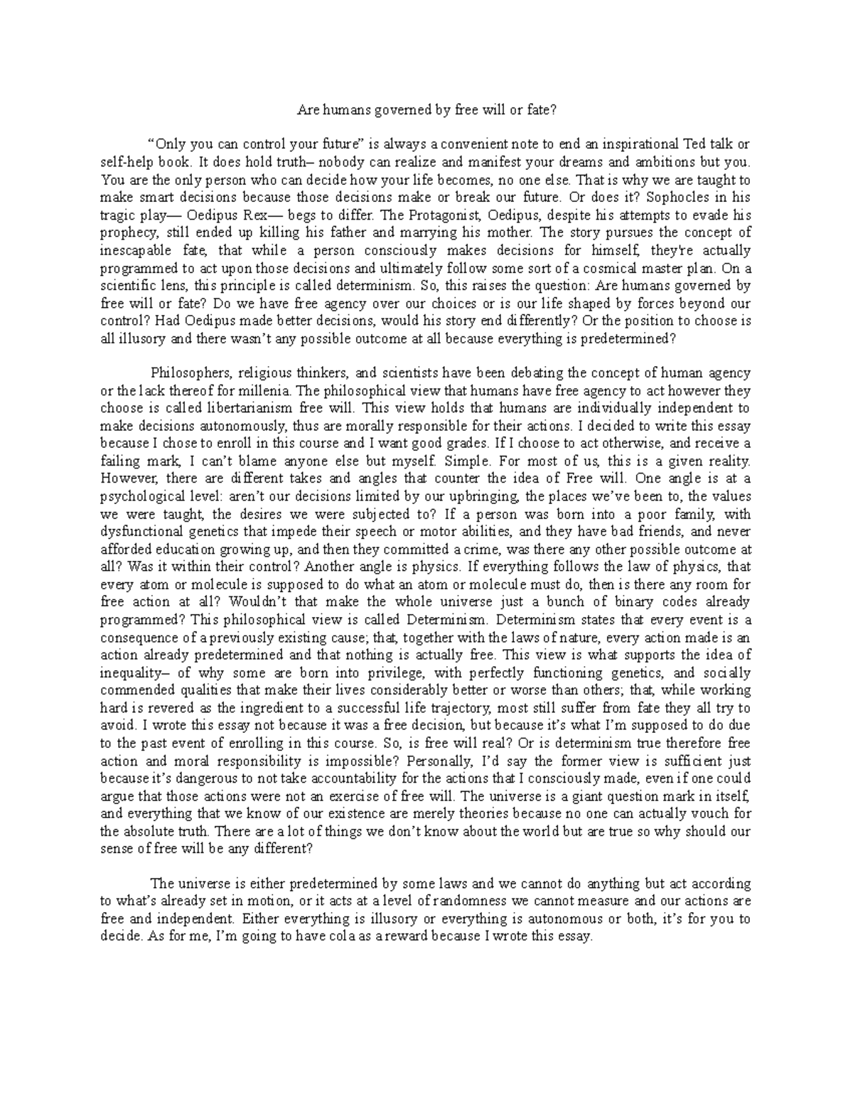 Fate vs Free Will: An Exploration of Determinism and Agency - Studocu