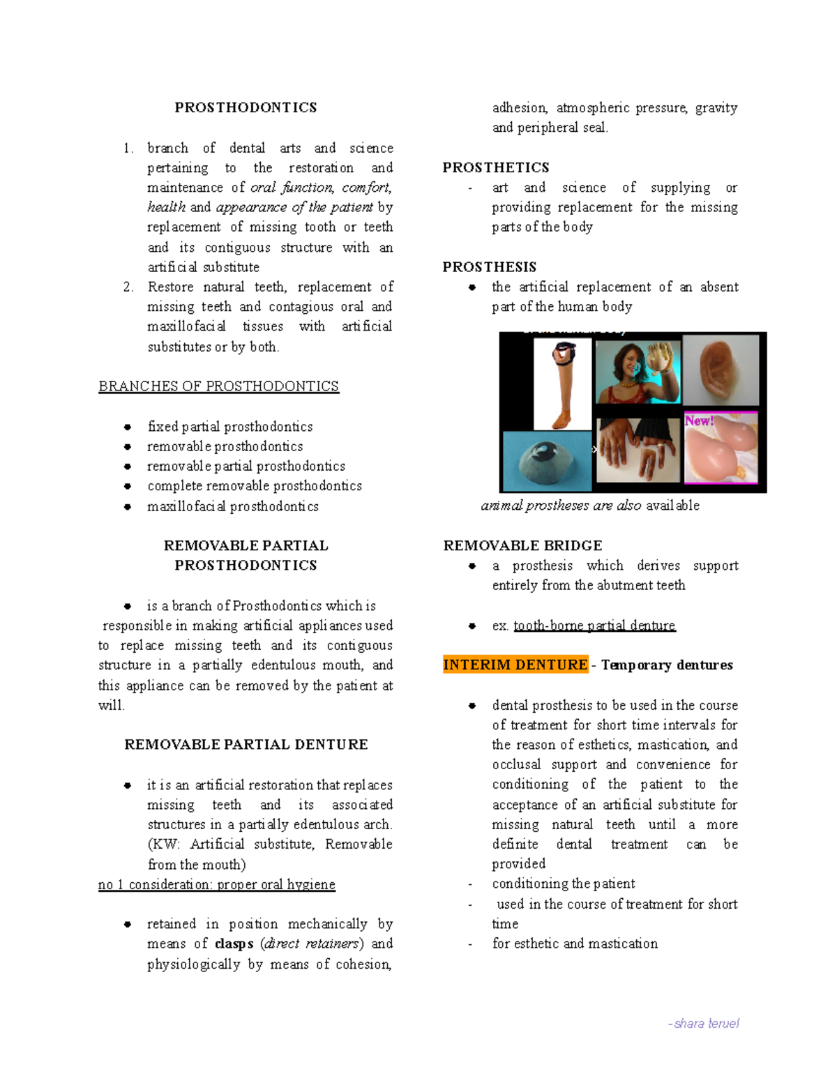 P2 Notes - PROSTHODONTICS branch of dental arts and science pertaining ...