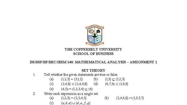 140: Mathematical Analysis Assignment 1 - Set Theory Solutions - Studocu