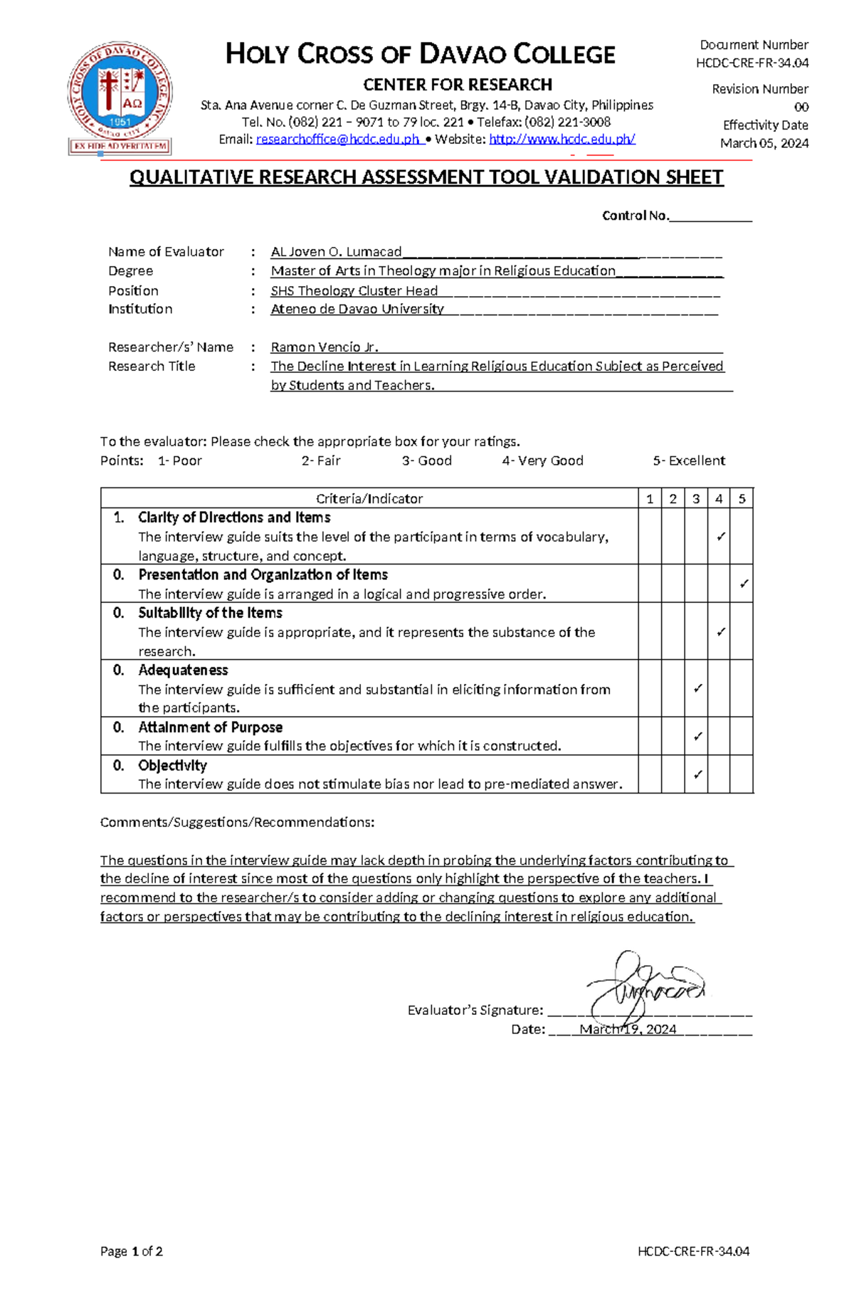Qualitative Research Assessment Tool Validation Sheet (HCDC-CRE-FR-34 ...